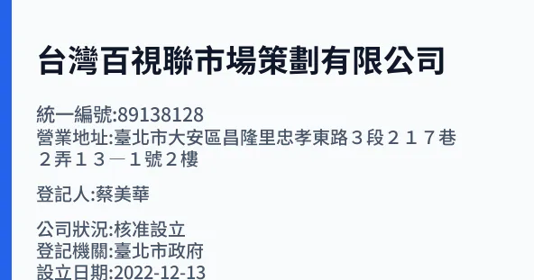 台灣百視聯市場策劃有限公司的照片-統編 89138128(臺北市) 公司登記資料與營業項目詳細圖表