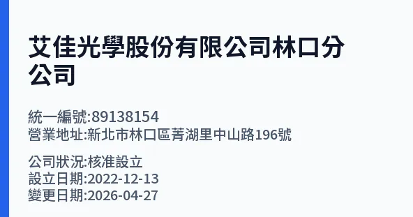 艾佳光學股份有限公司林口分公司的照片-統編 89138154(新北市) 公司登記資料與營業項目詳細圖表