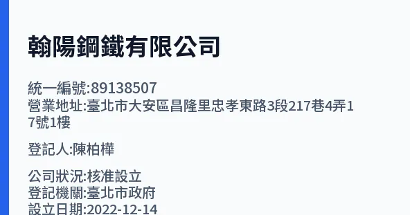 翰陽鋼鐵有限公司的照片-統編 89138507(臺北市) 公司登記資料與營業項目詳細圖表
