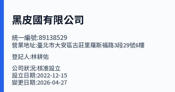 黑皮國有限公司的照片-統編 89138529(臺北市) 公司登記資料與營業項目詳細圖表