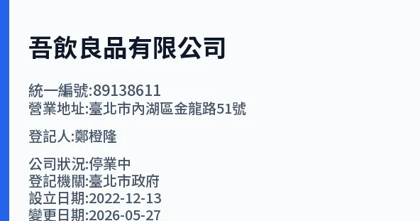 吾飲良品有限公司的照片-統編 89138611(臺北市) 公司登記資料與營業項目詳細圖表