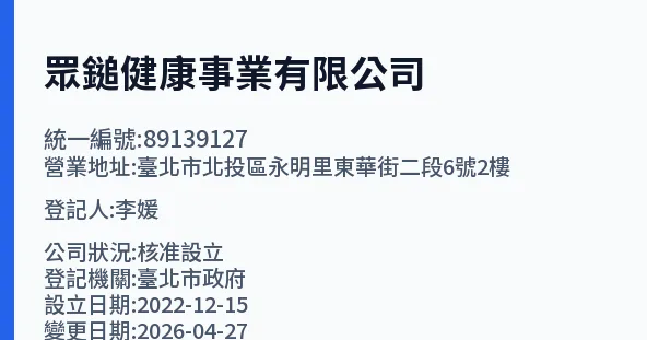 眾鎚健康事業有限公司的照片-統編 89139127(臺北市) 公司登記資料與營業項目詳細圖表