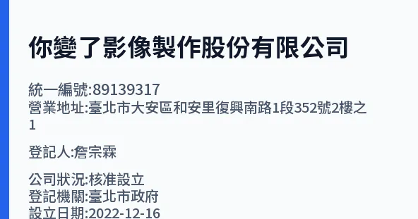 你變了影像製作股份有限公司的照片-統編 89139317(臺北市) 公司登記資料與營業項目詳細圖表