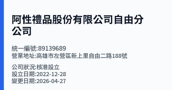 阿性禮品股份有限公司自由分公司的照片-統編 89139689(高雄市) 公司登記資料與營業項目詳細圖表