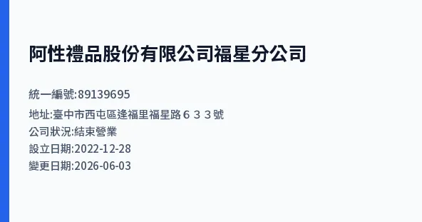 阿性禮品股份有限公司福星分公司的照片-統編 89139695(臺中市) 公司登記資料與營業項目詳細圖表