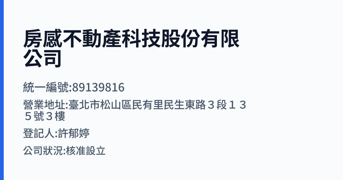 房感不動產科技股份有限公司 - 統編 89139816(臺北市) 公司登記資料與營業項目詳細圖表