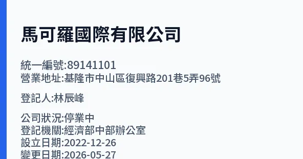 馬可羅國際有限公司的照片-統編 89141101(基隆市) 公司登記資料與營業項目詳細圖表