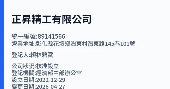 正昇精工有限公司的照片-統編 89141566(彰化縣) 公司登記資料與營業項目詳細圖表