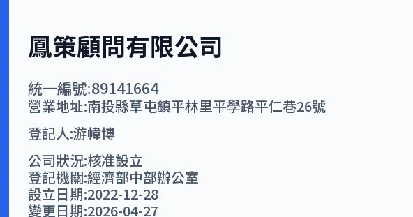 鳳策顧問有限公司的照片-統編 89141664(南投縣) 公司登記資料與營業項目詳細圖表