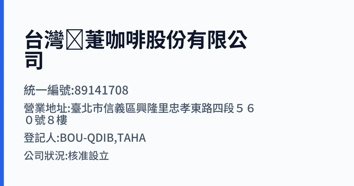 台灣夿萐咖啡股份有限公司 - 統編 89141708(臺北市) 公司登記資料與營業項目詳細圖表