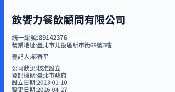 飲饗力餐飲顧問有限公司的照片-統編 89142376(臺北市) 公司登記資料與營業項目詳細圖表