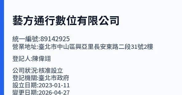 藝方通行數位有限公司的照片-統編 89142925(臺北市) 公司登記資料與營業項目詳細圖表