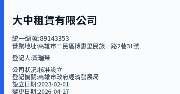 大中租賃有限公司的照片-統編 89143353(高雄市) 公司登記資料與營業項目詳細圖表