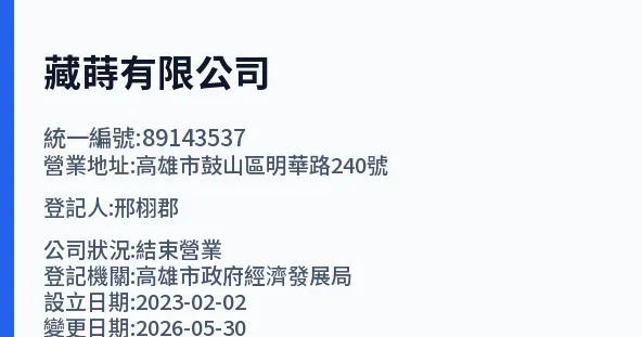藏蒔有限公司的照片-統編 89143537(高雄市) 公司登記資料與營業項目詳細圖表