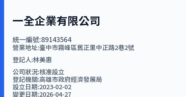 一全企業有限公司的照片-統編 89143564(臺中市) 公司登記資料與營業項目詳細圖表