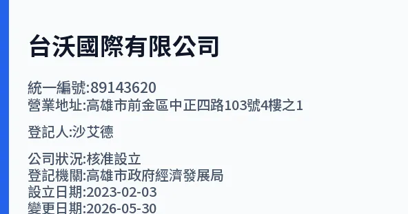 台沃國際有限公司的照片-統編 89143620(高雄市) 公司登記資料與營業項目詳細圖表