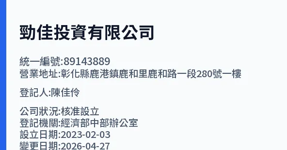 勁佳投資有限公司的照片-統編 89143889(彰化縣) 公司登記資料與營業項目詳細圖表