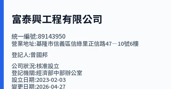 富泰興工程有限公司的照片-統編 89143950(基隆市) 公司登記資料與營業項目詳細圖表
