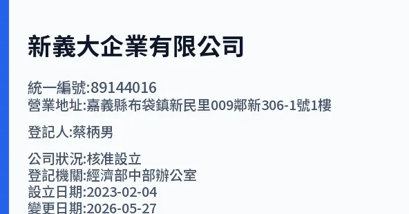 新義大企業有限公司的照片-統編 89144016(嘉義縣) 公司登記資料與營業項目詳細圖表
