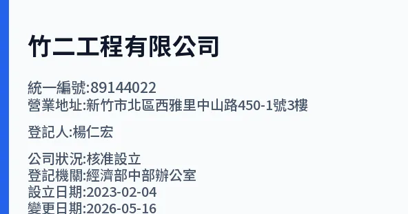 竹二工程有限公司的照片-統編 89144022(新竹市) 公司登記資料與營業項目詳細圖表