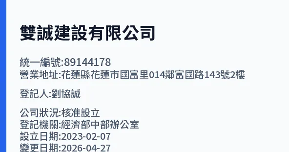 雙誠建設有限公司的照片-統編 89144178(花蓮縣) 公司登記資料與營業項目詳細圖表
