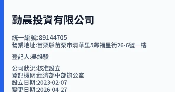 勳晨投資有限公司的照片-統編 89144705(苗栗縣) 公司登記資料與營業項目詳細圖表