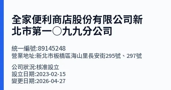 全家便利商店股份有限公司新北市第一○九九分公司的照片-統編 89145248(新北市) 公司登記資料與營業項目詳細圖表