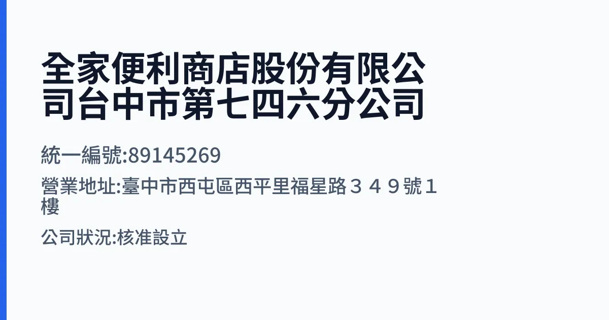 全家便利商店股份有限公司台中市第七四六分公司 - 統編 89145269(臺中市) 公司登記資料與營業項目詳細圖表