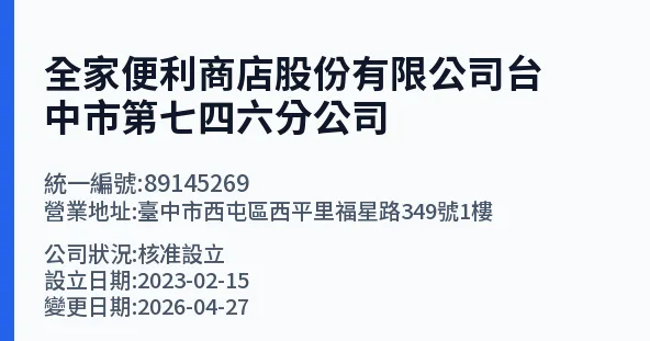 全家便利商店股份有限公司台中市第七四六分公司的照片-統編 89145269(臺中市) 公司登記資料與營業項目詳細圖表