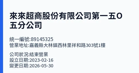來來超商股份有限公司第一五O五分公司的照片-統編 89145325(嘉義縣) 公司登記資料與營業項目詳細圖表