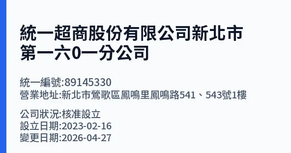 統一超商股份有限公司新北市第一六0一分公司的照片-統編 89145330(新北市) 公司登記資料與營業項目詳細圖表