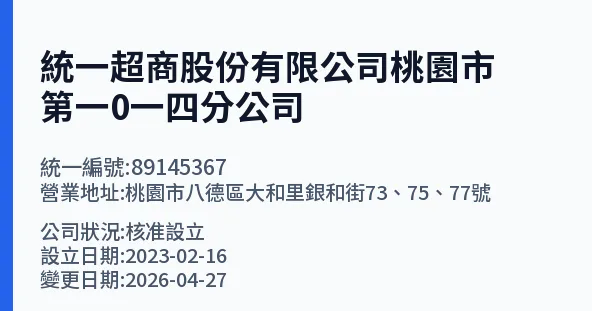 統一超商股份有限公司桃園市第一0一四分公司的照片-統編 89145367(桃園市) 公司登記資料與營業項目詳細圖表