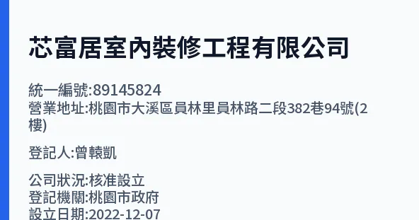 芯富居室內裝修工程有限公司的照片-統編 89145824(桃園市) 公司登記資料與營業項目詳細圖表