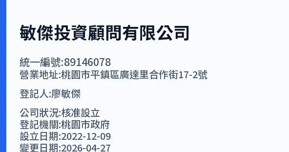 敏傑投資顧問有限公司的照片-統編 89146078(桃園市) 公司登記資料與營業項目詳細圖表
