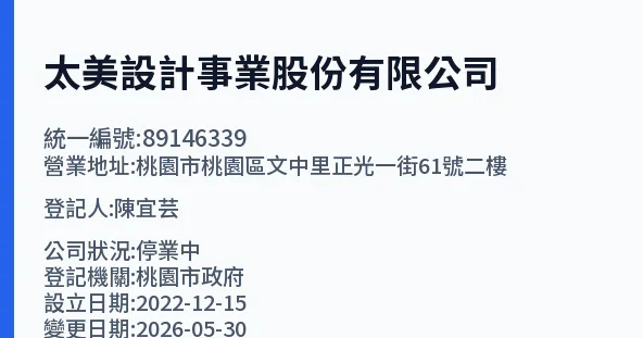 太美設計事業股份有限公司的照片-統編 89146339(桃園市) 公司登記資料與營業項目詳細圖表