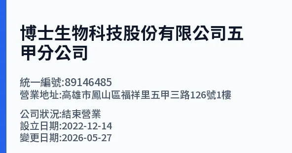 博士生物科技股份有限公司五甲分公司的照片-統編 89146485(高雄市) 公司登記資料與營業項目詳細圖表