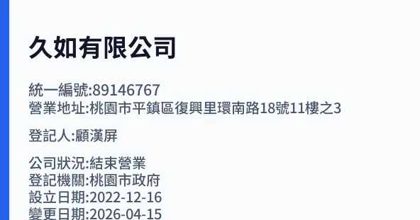 久如有限公司的照片-統編 89146767(桃園市) 公司登記資料與營業項目詳細圖表
