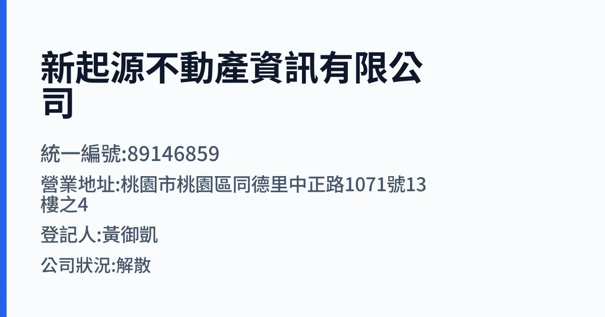 新起源不動產資訊有限公司 - 統編 89146859(桃園市) 公司登記資料與營業項目詳細圖表
