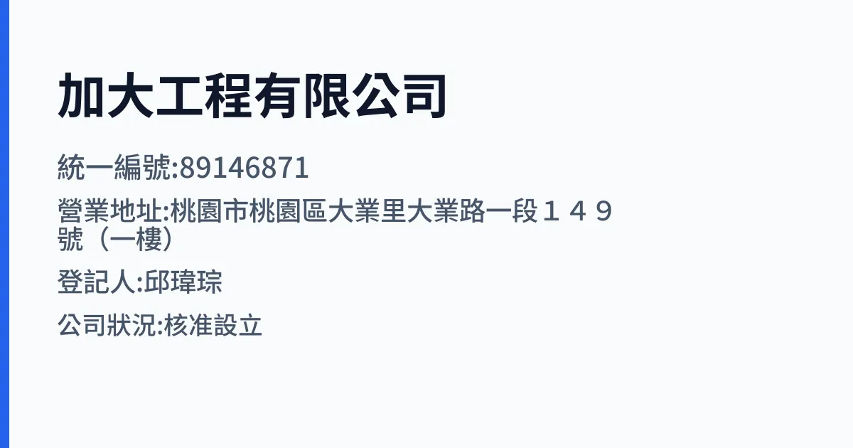 加大工程有限公司 - 統編 89146871(桃園市) 公司登記資料與營業項目詳細圖表