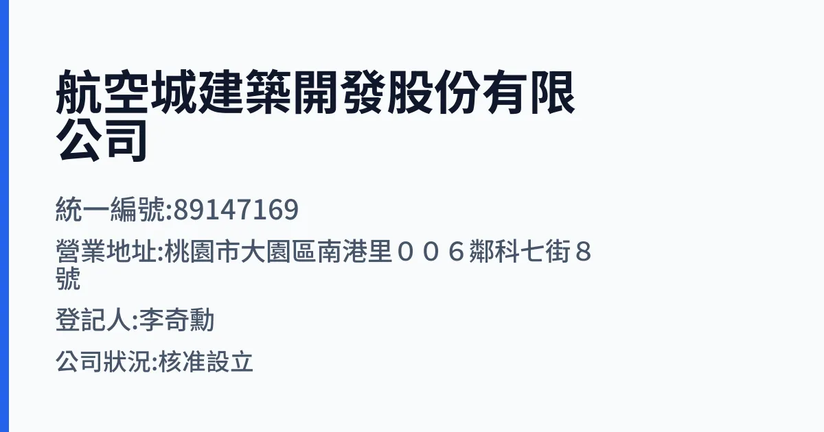 航空城建築開發股份有限公司 - 統編 89147169(桃園市) 公司登記資料與營業項目詳細圖表