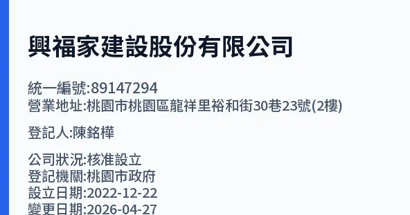 興福家建設股份有限公司的照片-統編 89147294(桃園市) 公司登記資料與營業項目詳細圖表