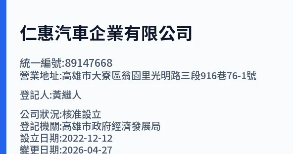 仁惠汽車企業有限公司的照片-統編 89147668(高雄市) 公司登記資料與營業項目詳細圖表