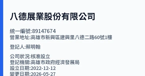 八德展業股份有限公司的照片-統編 89147674(高雄市) 公司登記資料與營業項目詳細圖表