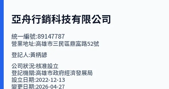 亞舟行銷科技有限公司的照片-統編 89147787(高雄市) 公司登記資料與營業項目詳細圖表