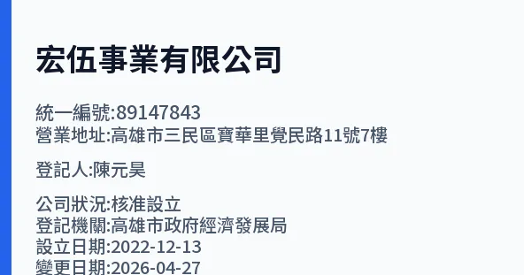 宏伍事業有限公司的照片-統編 89147843(高雄市) 公司登記資料與營業項目詳細圖表