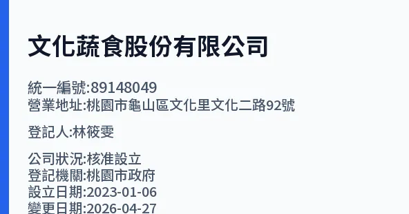 文化蔬食股份有限公司的照片-統編 89148049(桃園市) 公司登記資料與營業項目詳細圖表