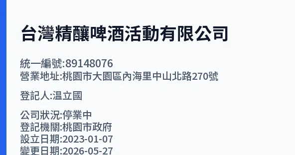 台灣精釀啤酒活動有限公司的照片-統編 89148076(桃園市) 公司登記資料與營業項目詳細圖表