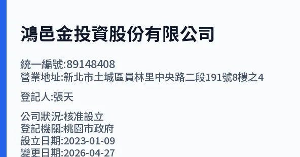 鴻邑金投資股份有限公司的照片-統編 89148408(新北市) 公司登記資料與營業項目詳細圖表