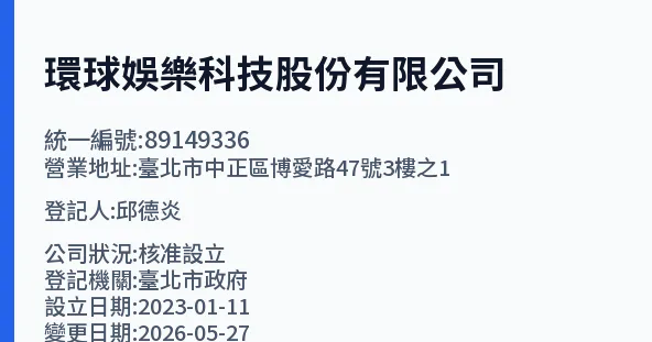 環球娛樂科技股份有限公司的照片-統編 89149336(臺北市) 公司登記資料與營業項目詳細圖表