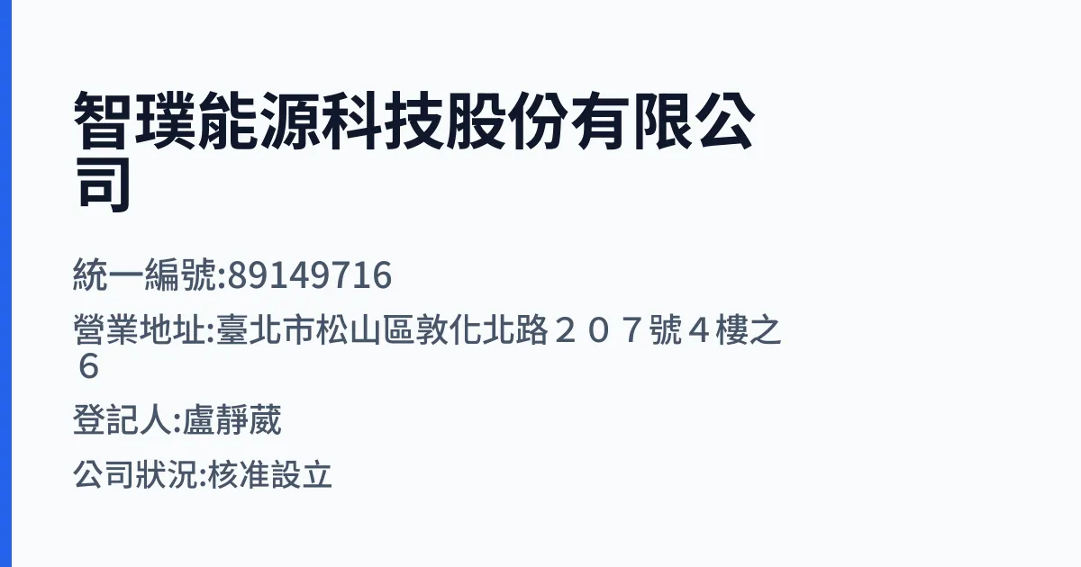 智璞能源科技股份有限公司 - 統編 89149716(臺北市) 公司登記資料與營業項目詳細圖表